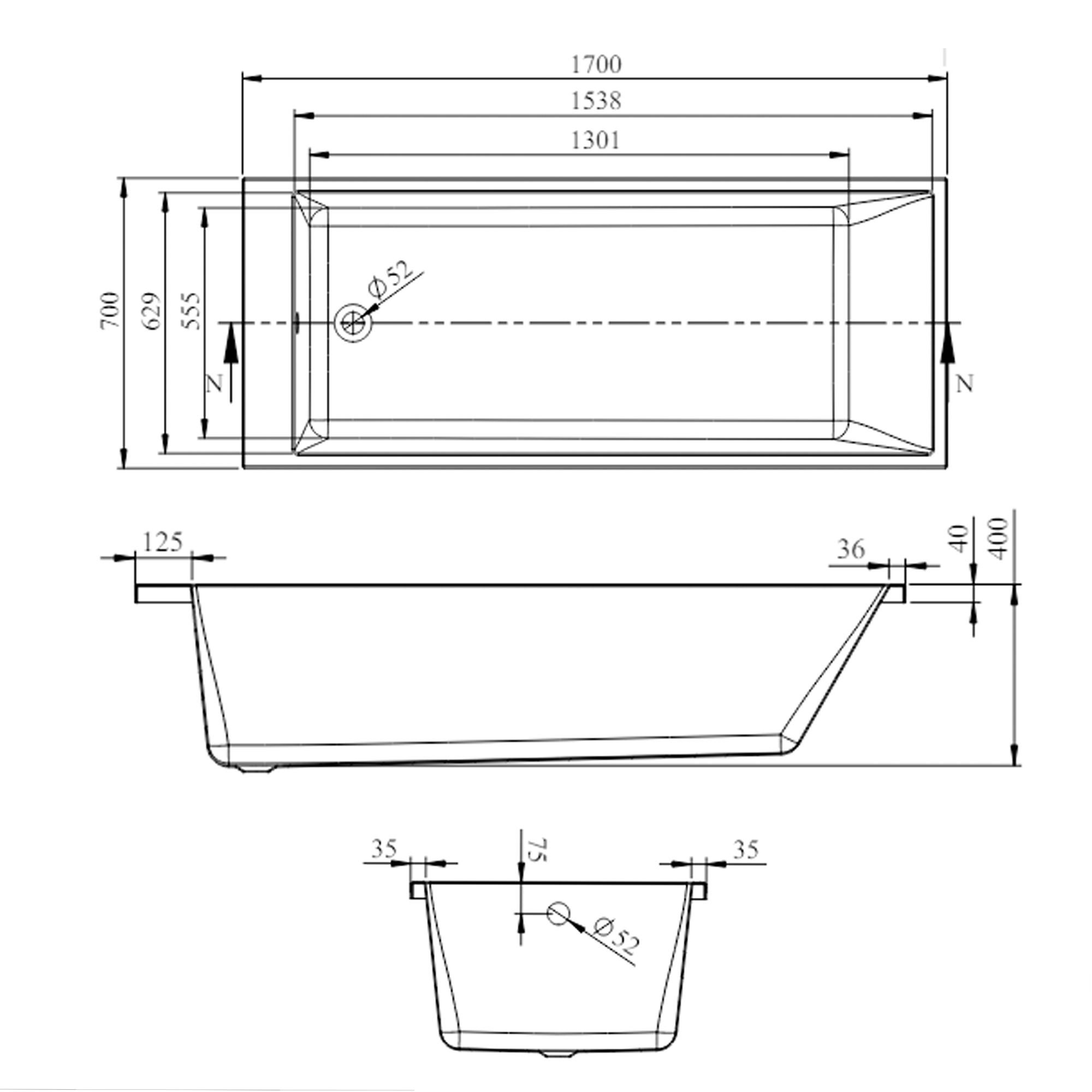 Armourcast Reinforced Slim Edge Square Single Ended Bath - 1700 x 700mm ...