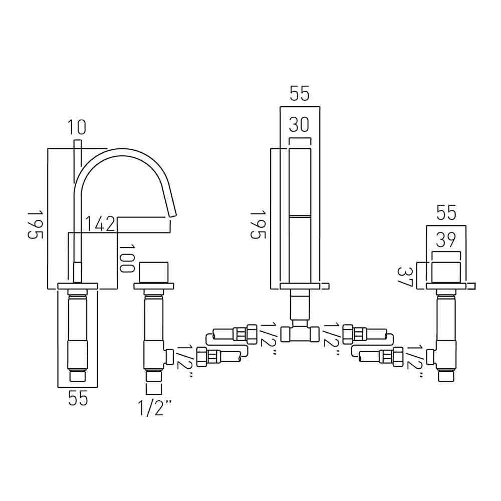 Vado Geo Deck Mounted 3 Hole Basin Mixer | Tap Warehouse