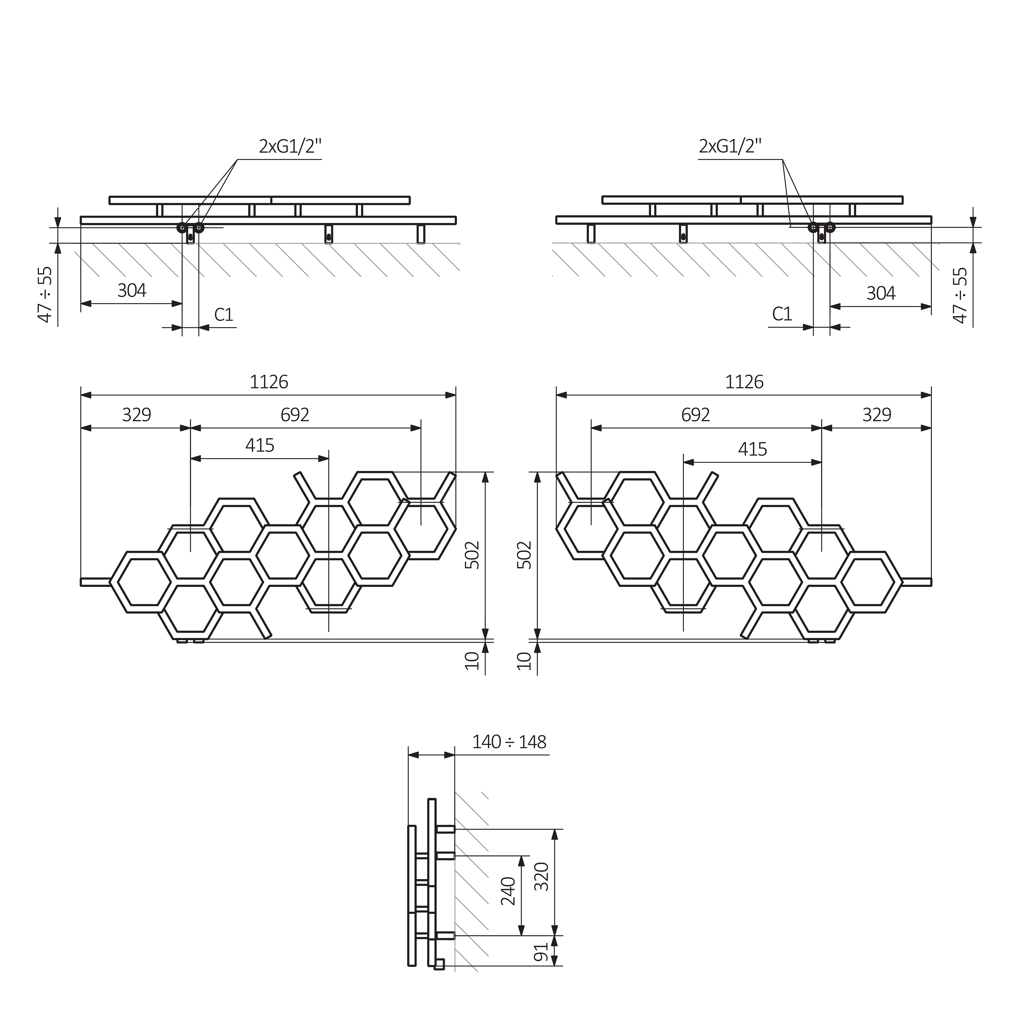 Terma Hex Steel Designer Horizontal Radiator - 502 x 1126mm | Tap Warehouse