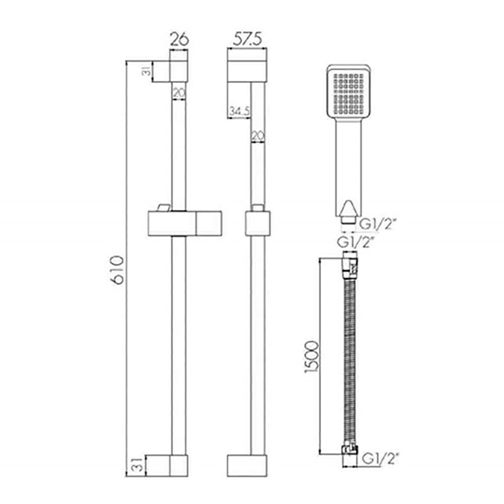 Vellamo Square Shower Riser Rail Kit | Tap Warehouse