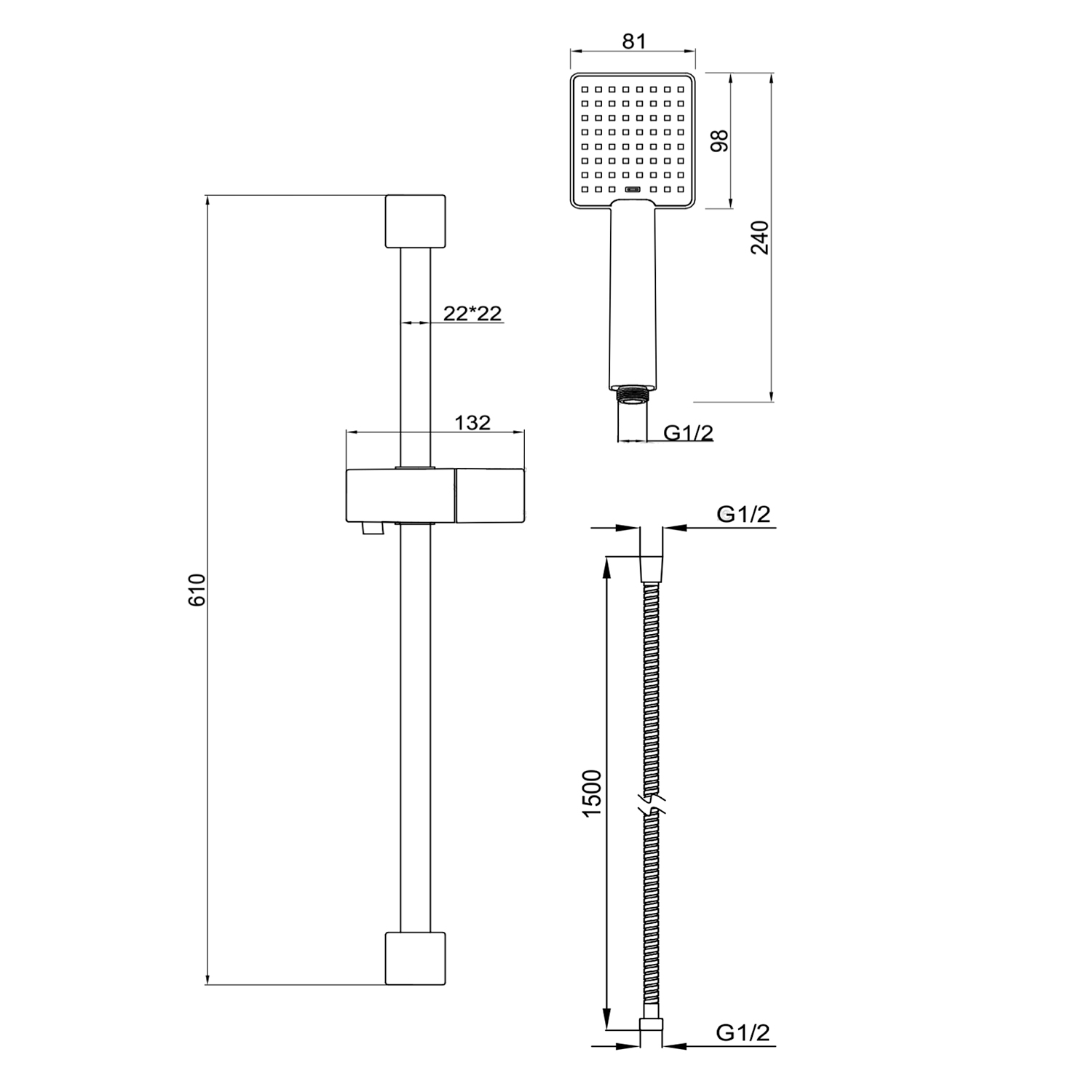Vellamo Square Shower Slide Rail Kit - Polished Chrome | Tap Warehouse