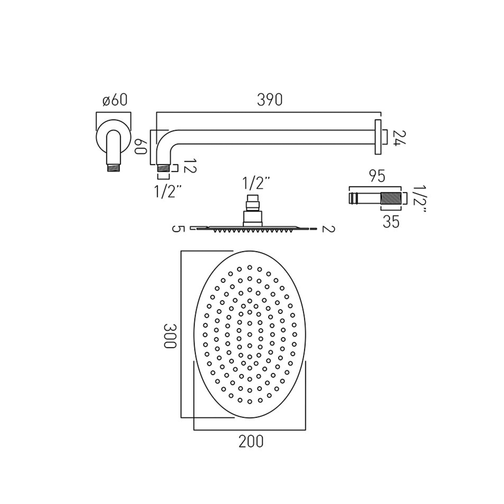 Vado Aquablade Slim Line Easy Clean Oval Shower Head with Shower Arm ...