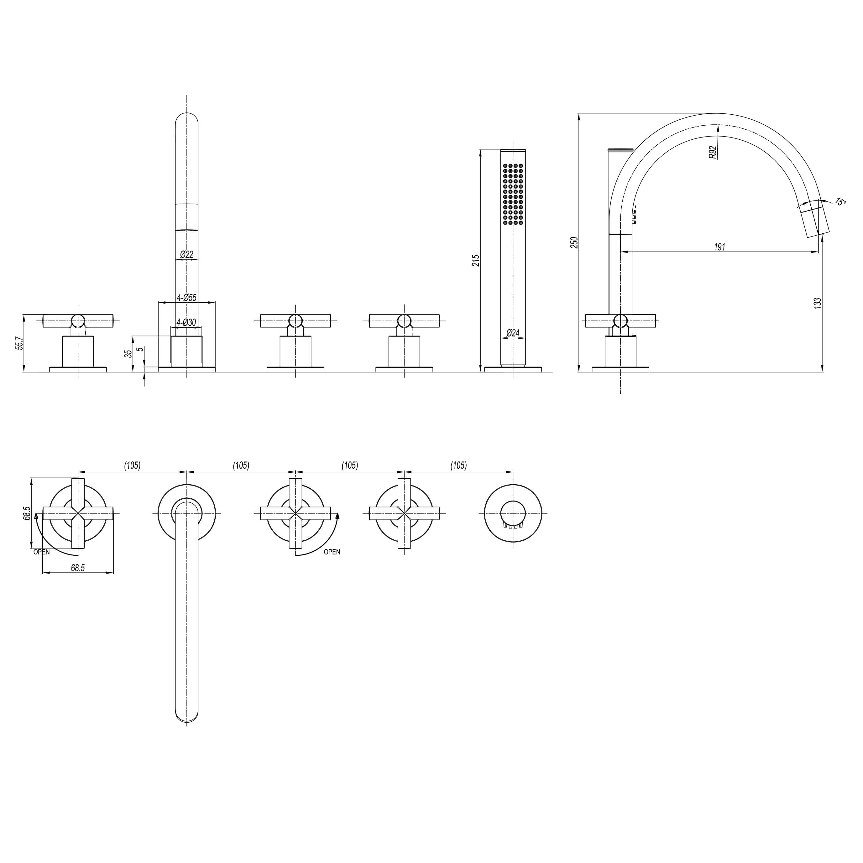 Crosswater MPRO 5 Hole Bath Mixer Tap & Shower Handset with Crosshead ...