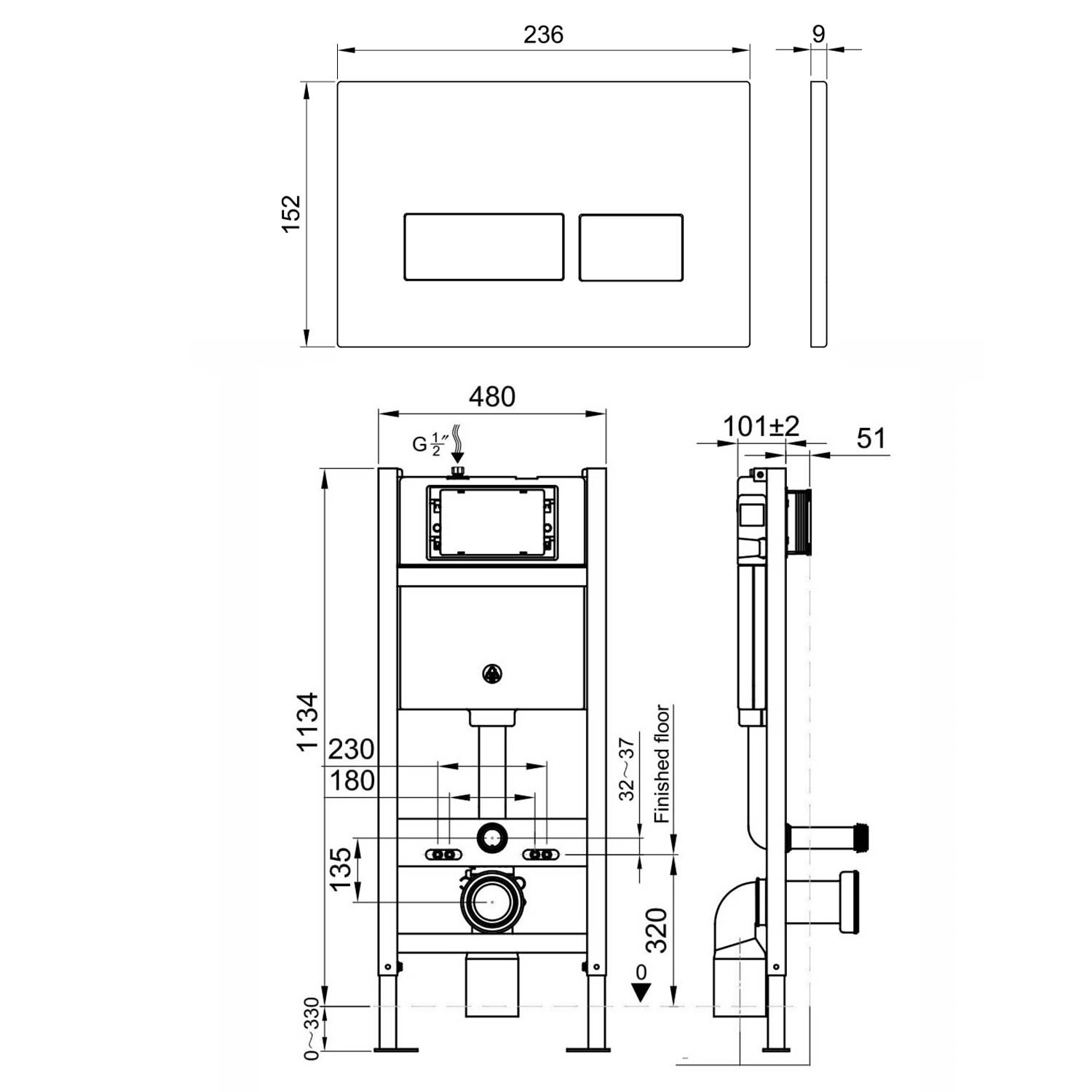 Drench Wall Hung Toilet Frame, Pneumatic Concealed Cistern & Dual Flush ...
