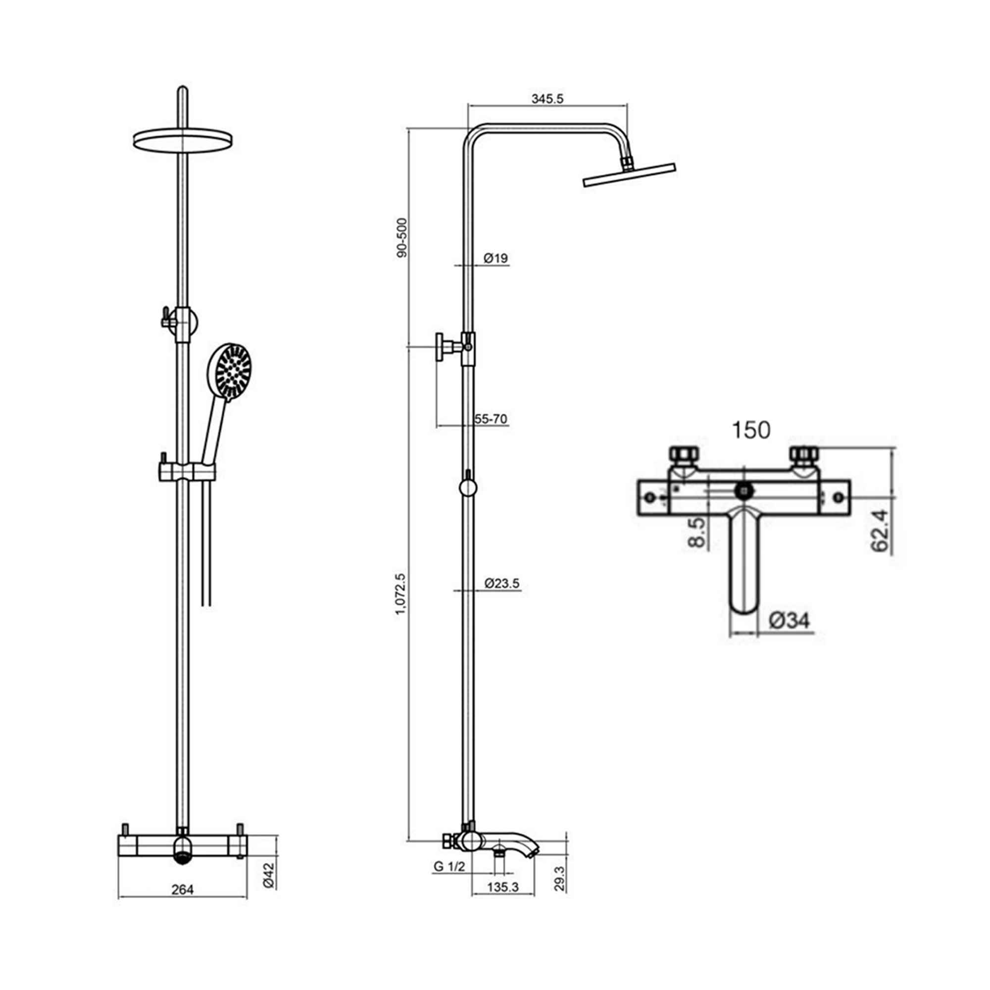 VOS Exposed 3 Outlet Rigid Riser Thermostatic Shower Set - Brushed ...