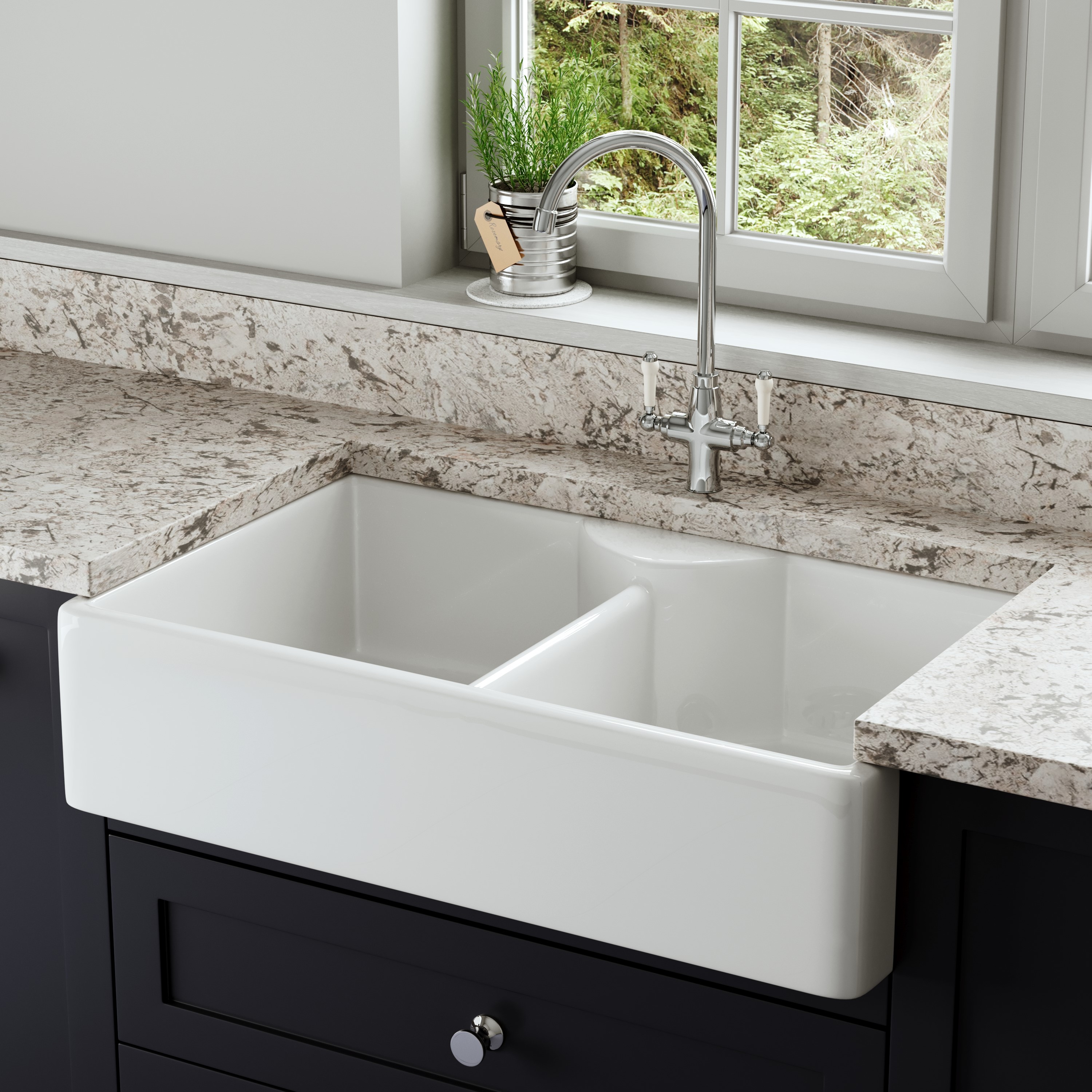 Butler & Rose Large Double Belfast / Butler Ceramic Fireclay Kitchen Sink - 895 x 550mm | Tap ...